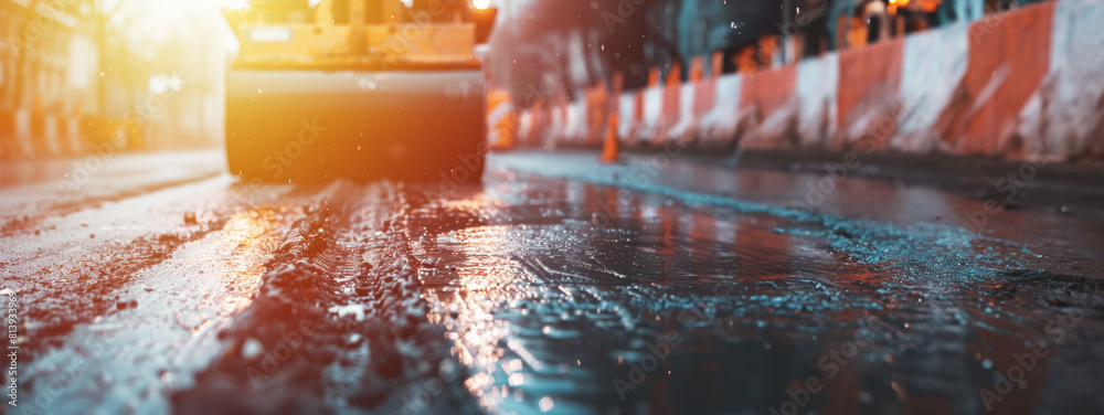 Damaged road tarmac laying works at a road construction site, asphalt ...
