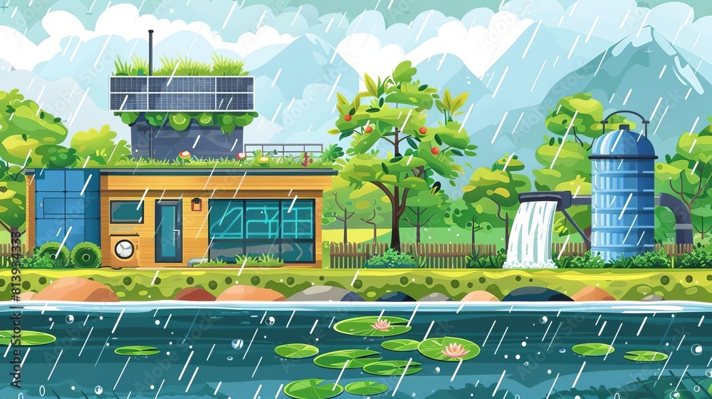 Rainwater system in flat design side view water recycling setup theme ...
