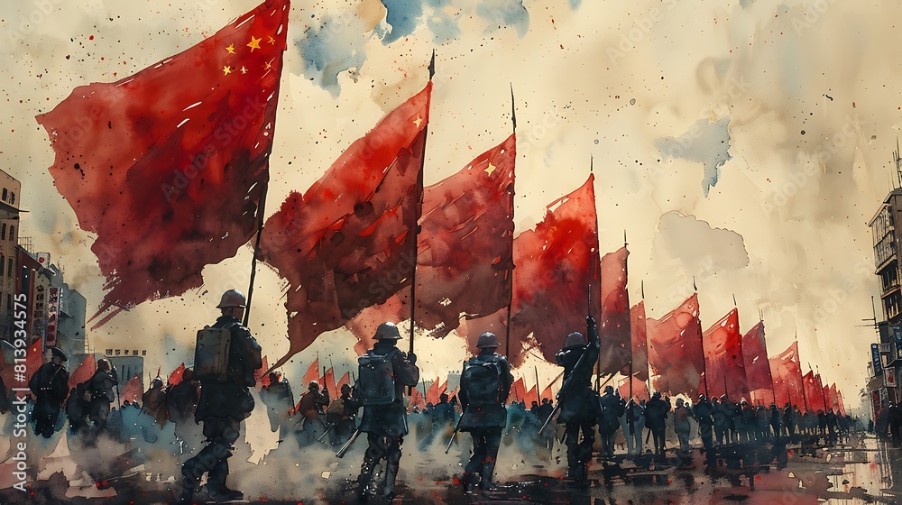 Design an illustration depicting the Red Guards and mass rallies during ...