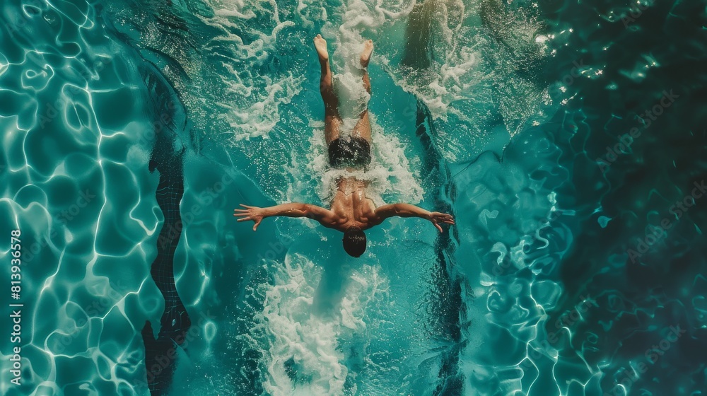 The Aerial Top View shows the male swimmer jumping into the swimming ...