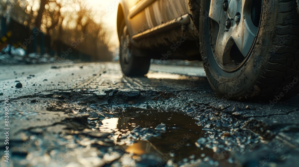 car wheels running and closed up Very bad quality street with potholes ...