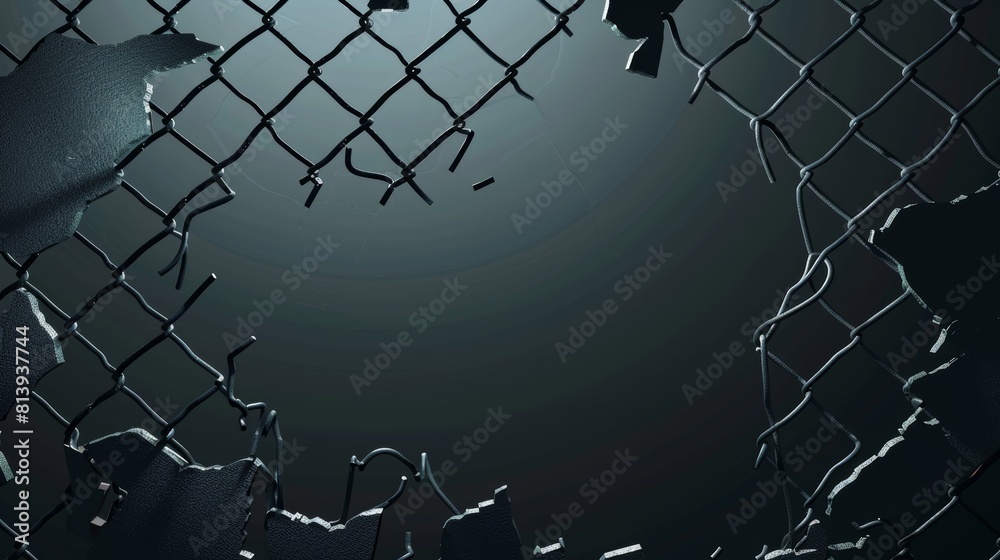 Modern background showing ripped metal mesh, steel grid or net with ...