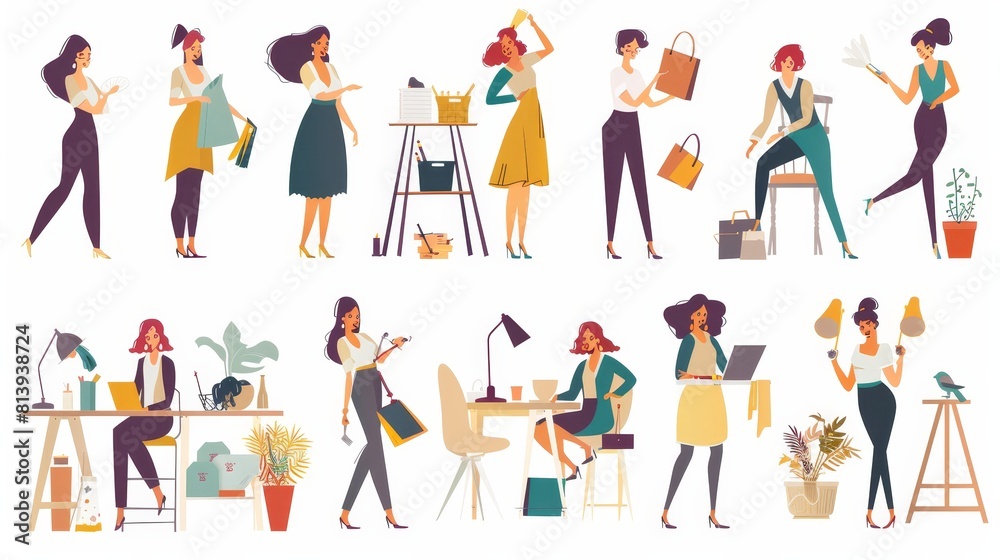 Cartoon flat set of multitasking women. Illustration showing active ...