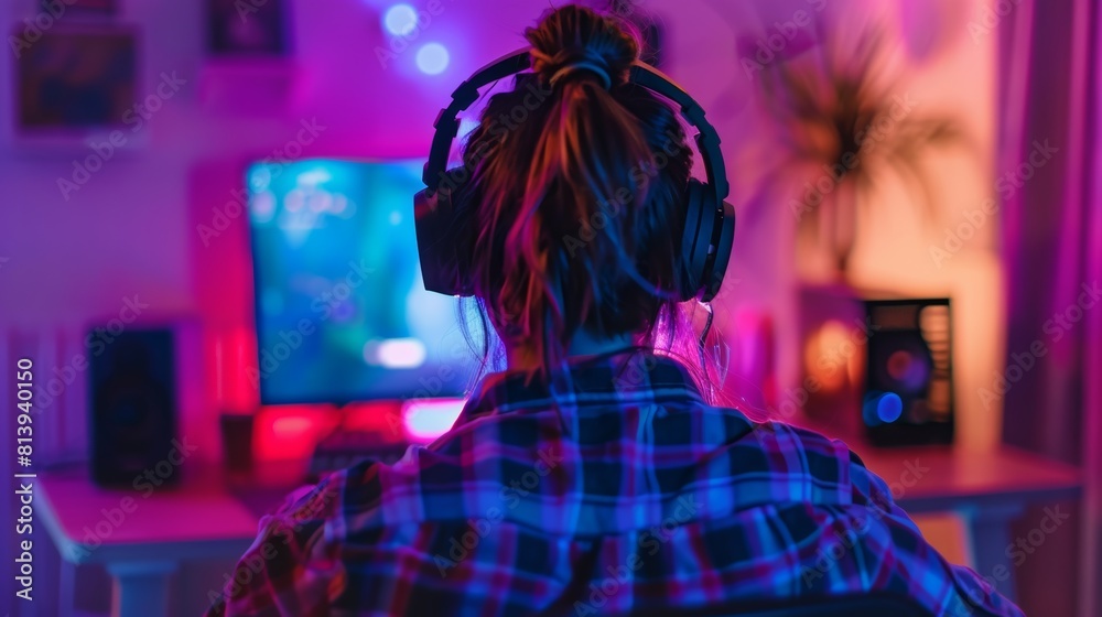 pro gamer man in headphones live streaming while playing online ...