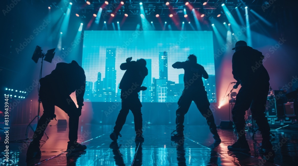 The scene is a video clip set with three professional dancers ...