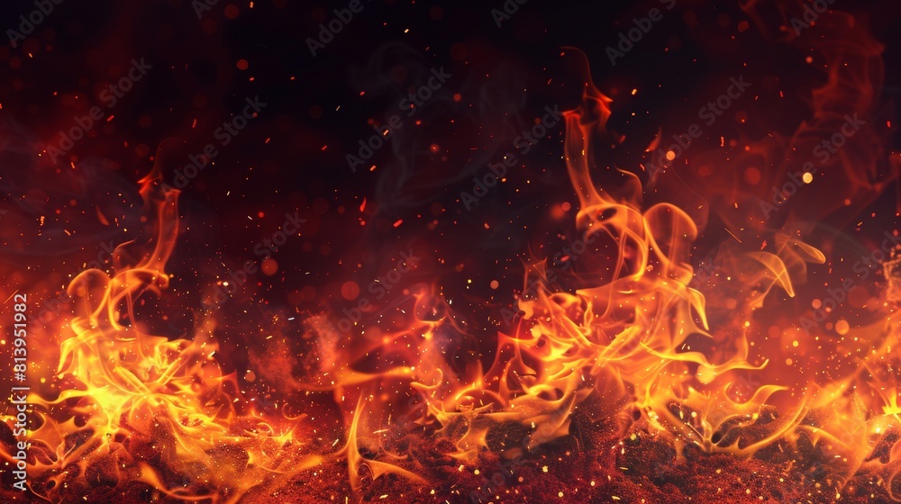 Overlay of fire spark with smoke and flames. Grill heat glow in cloud ...