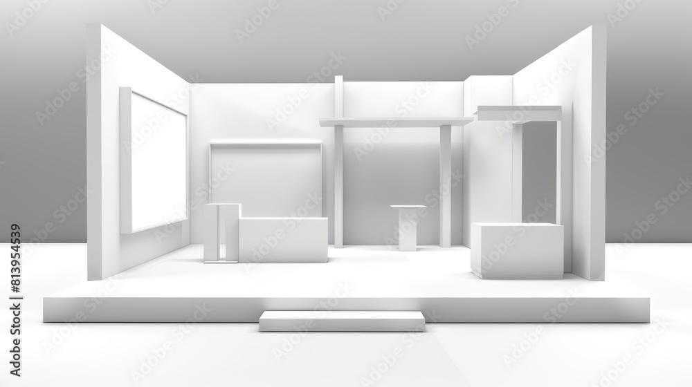 3D mockup of a trade show booth stall. It features a white wall, floor ...