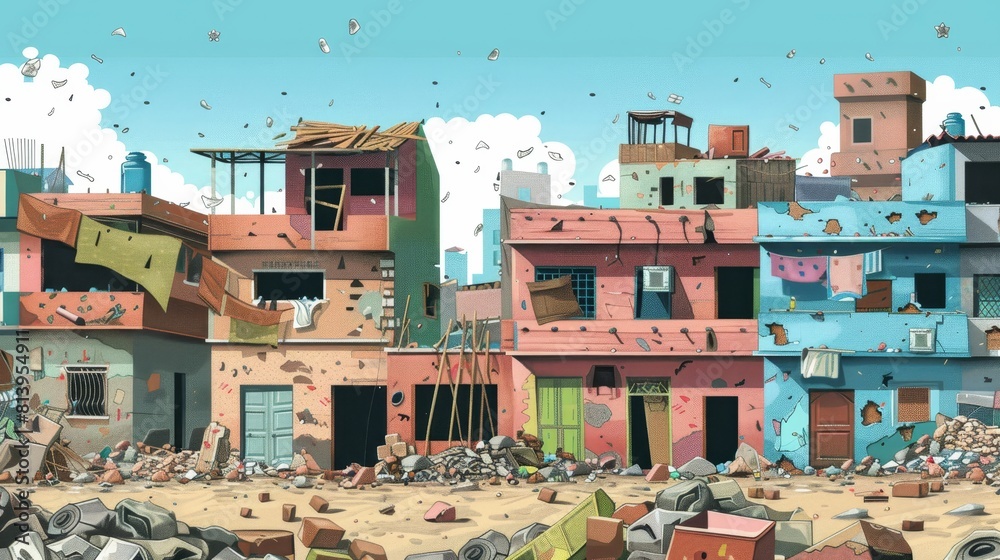 Slum building in a poor ghetto city street district. Dog poop in a ...