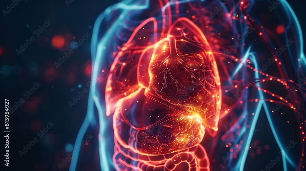 An intricate digital illustration of a human anatomy showing a glowing ...