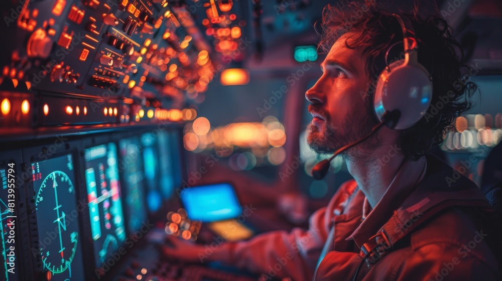 An air traffic controller focused on monitoring radars and flight data ...