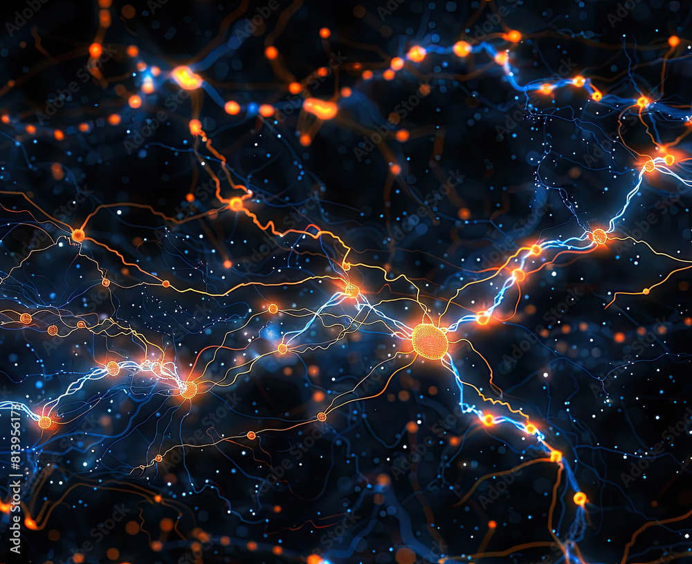 Visualize a microscopic neuron. The structure is orange and the ...