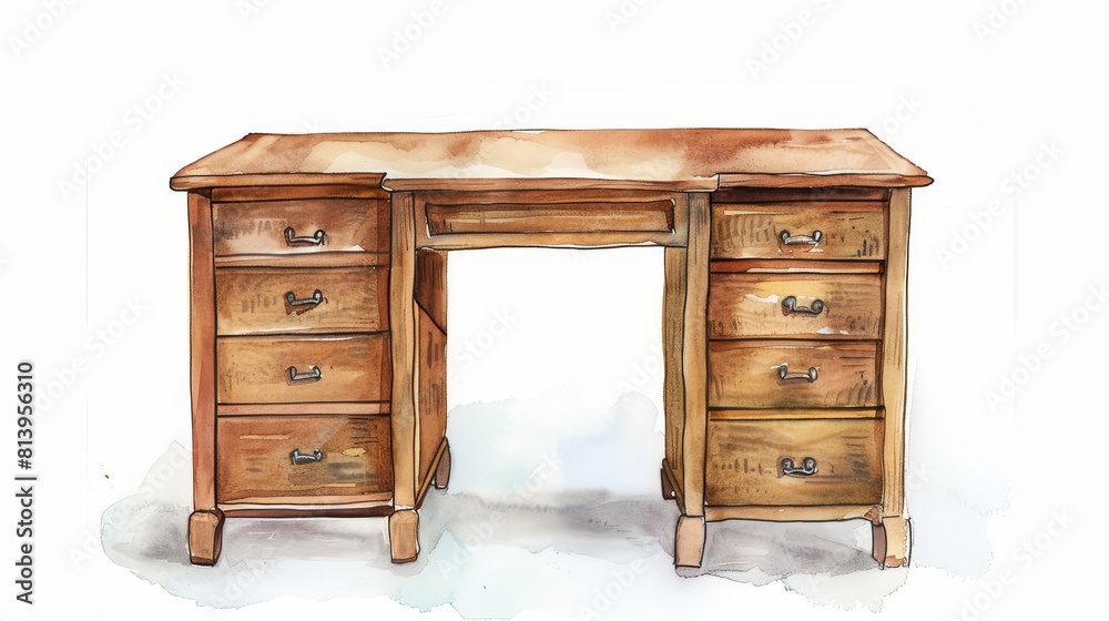 The photo shows a beautiful wooden desk with a lot of drawers. The desk ...