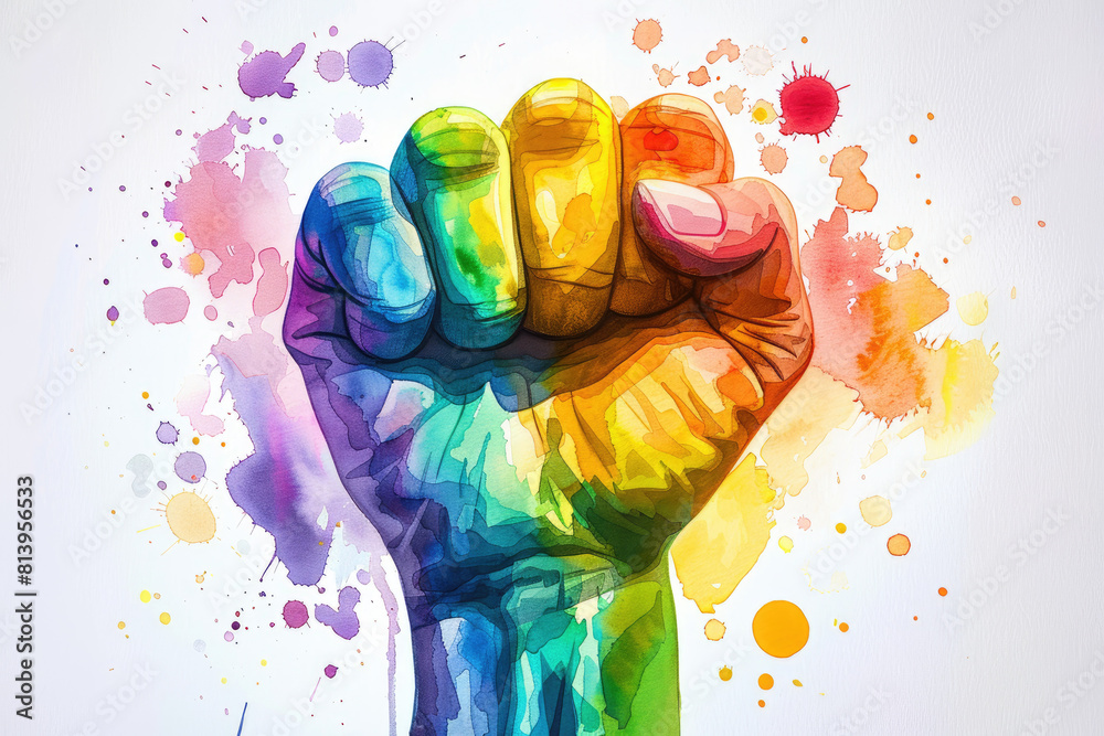 A hand with rainbow colored fingers is raised in the air. The image is ...