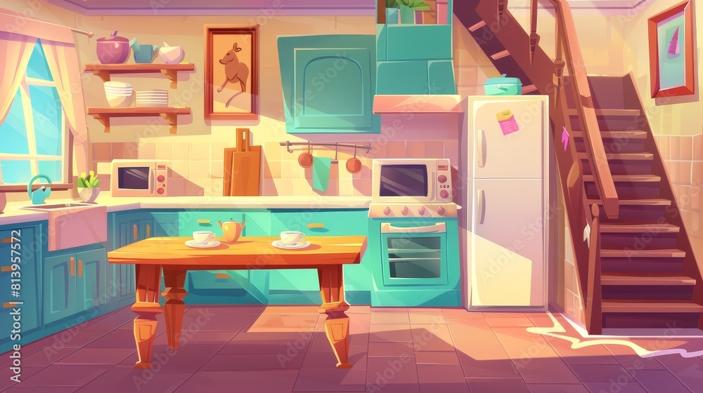 Typical kitchen interior with furniture and kitchenware. Modern cartoon ...