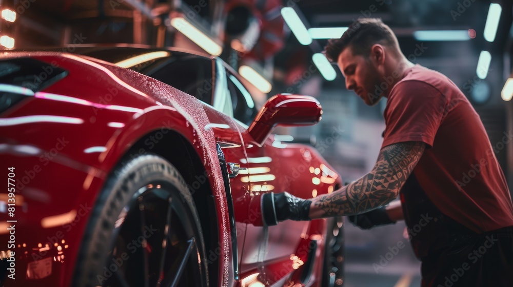 In a car detailing studio, an adult male works on a factory fresh ...