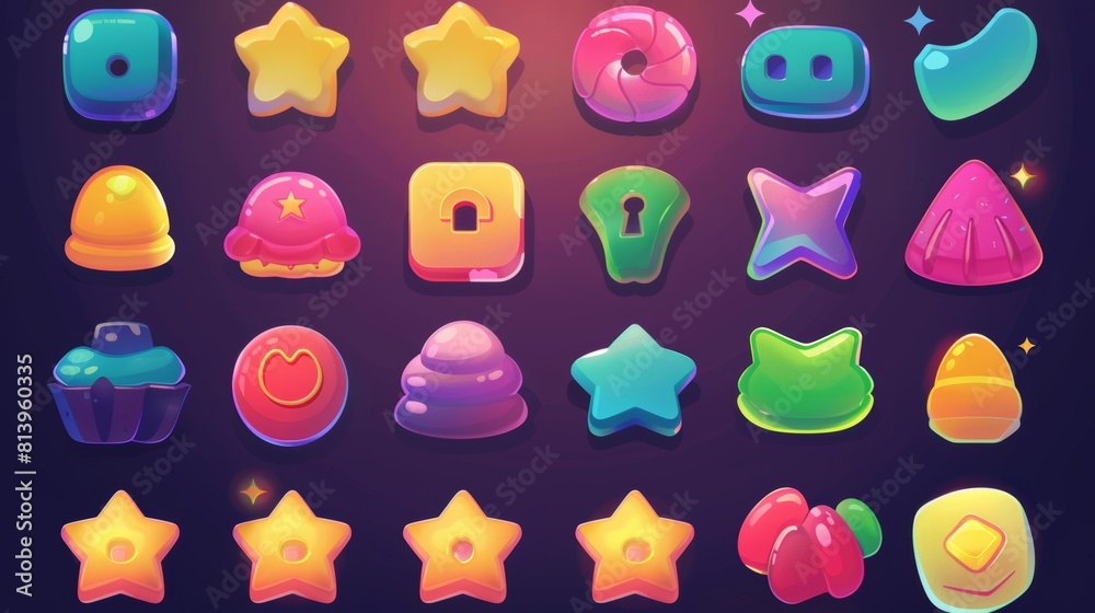 UI level indicator for candy game design. Complete button options and jelly glossy button ...