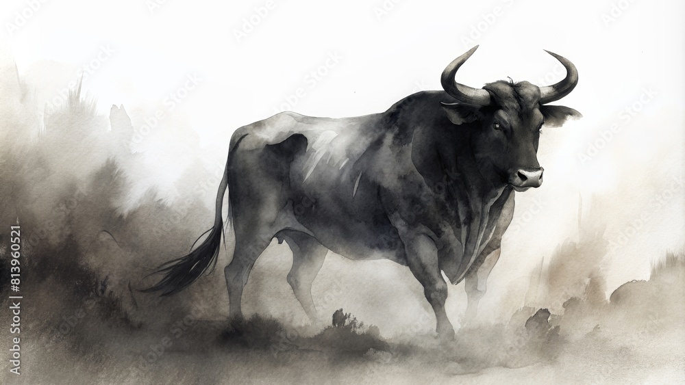 Watercolor Ink wash painting of black bull in mist. Traditional ...
