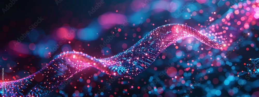 3D render of a DNA spiral with glowing particles, a neon pink and blue ...
