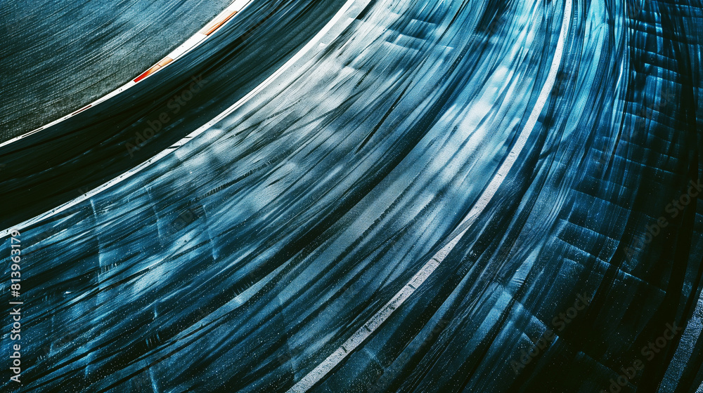 Aerial view of a curving racetrack showing dramatic skid marks and ...