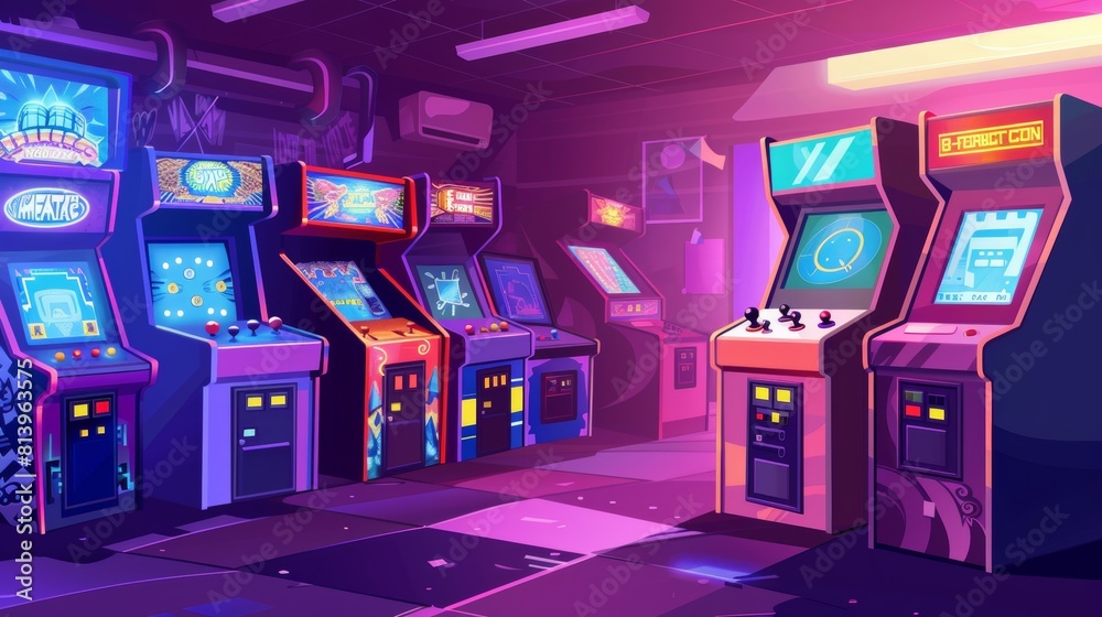 Cartoon illustration of retro computer club with game machines, old ...