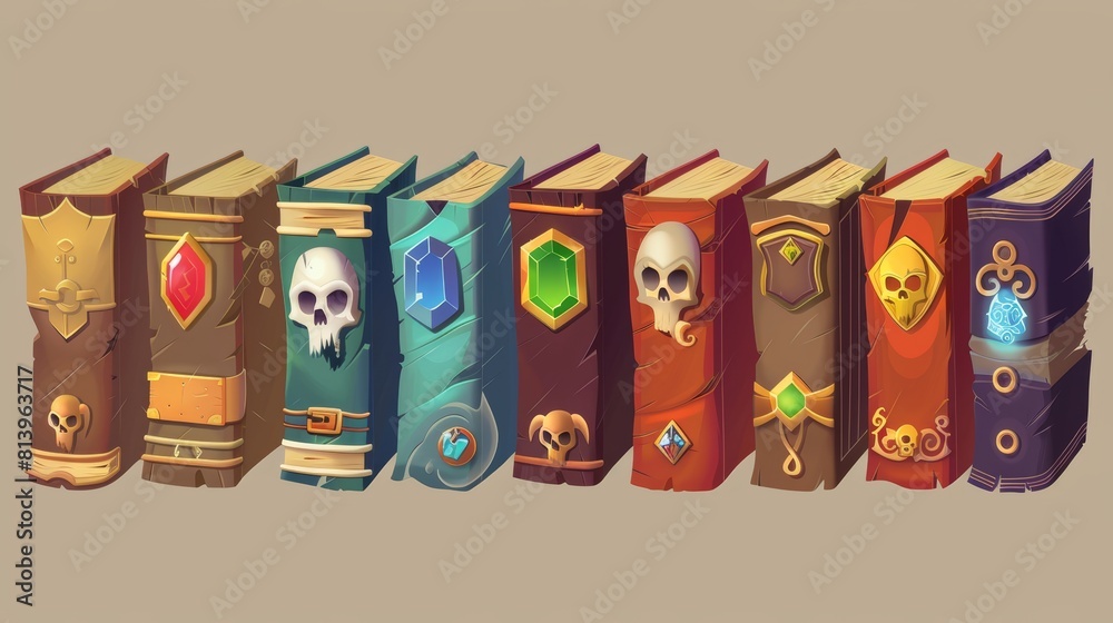 A cartoon set of evolution stages of an ancient fantasy paperback with ...
