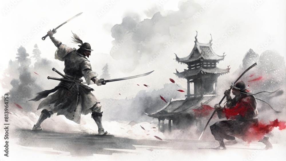 Watercolor illustration of Samurai battles Traditional Japanese ink ...
