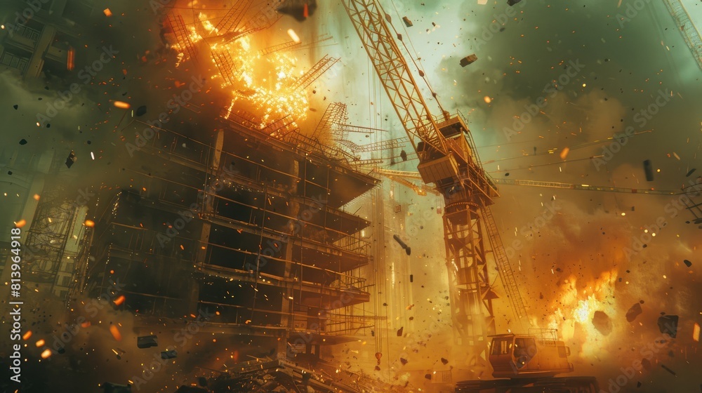 Crane is falling into a building that is on fire. The scene is chaotic ...