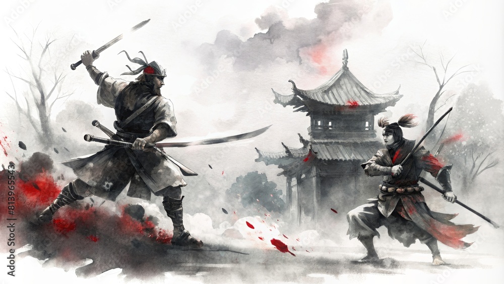 Watercolor illustration of Samurai battles Traditional Japanese ink ...