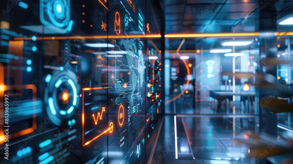 Futuristic AI interface with holographic projections in a modern office ...