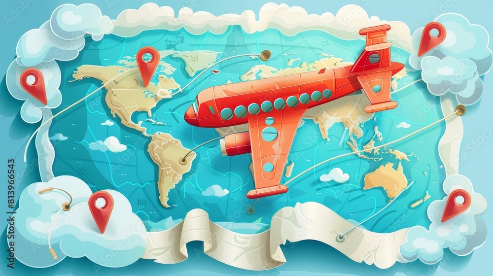 Set of cartoon moderns of a kid flying over a globe, on a paper map ...