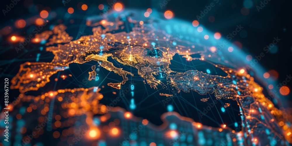 A digital globe with glowing connections between different points on ...
