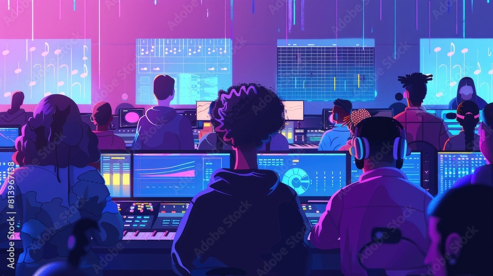 Music class where students use digital instruments and composition ...