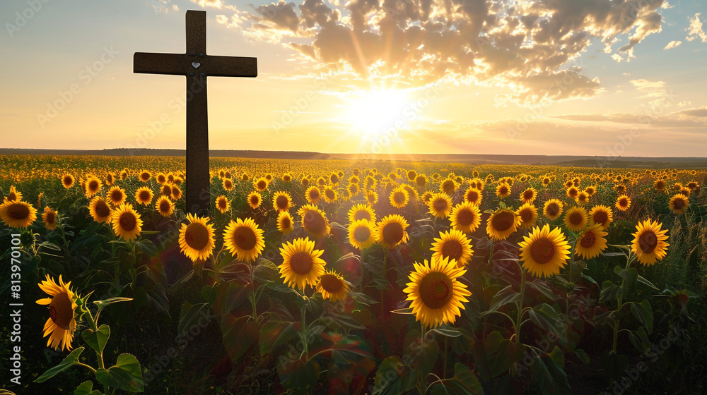 A Christian cross in a field of sunflowers, with each flower facing the ...