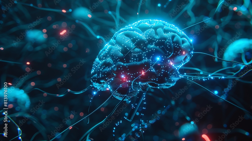 AI brain analysis, glowing neural connections, dark ambient lab, side view, neon blue highlights ...