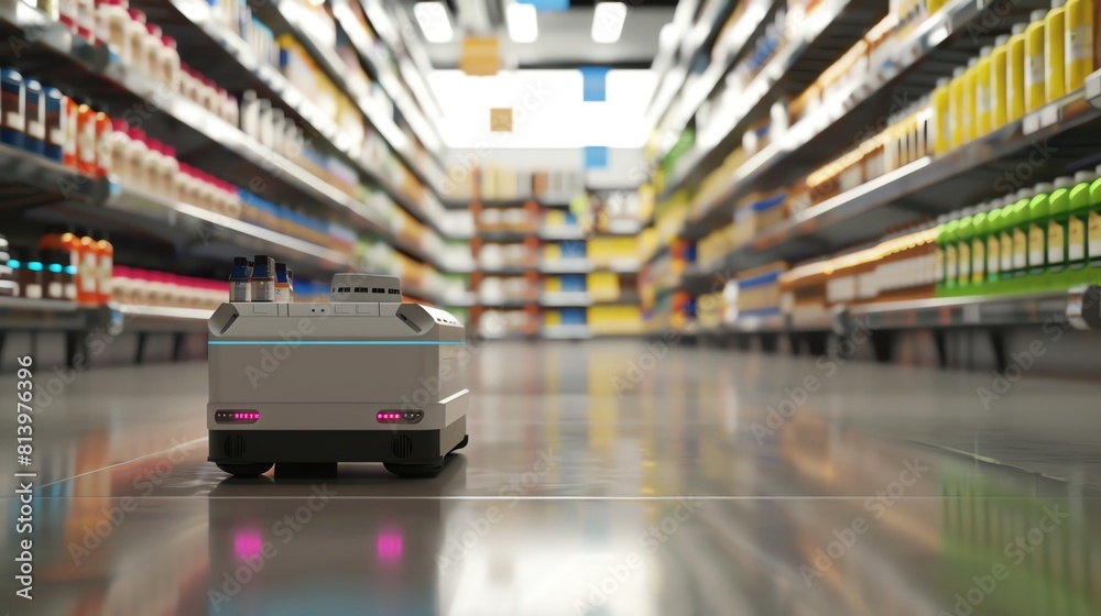 AIpowered inventory robot in aisle, soft white light, low angle shot ...