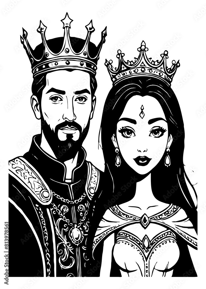 King and queen . Fictional Characters. Black and white illustration for ...