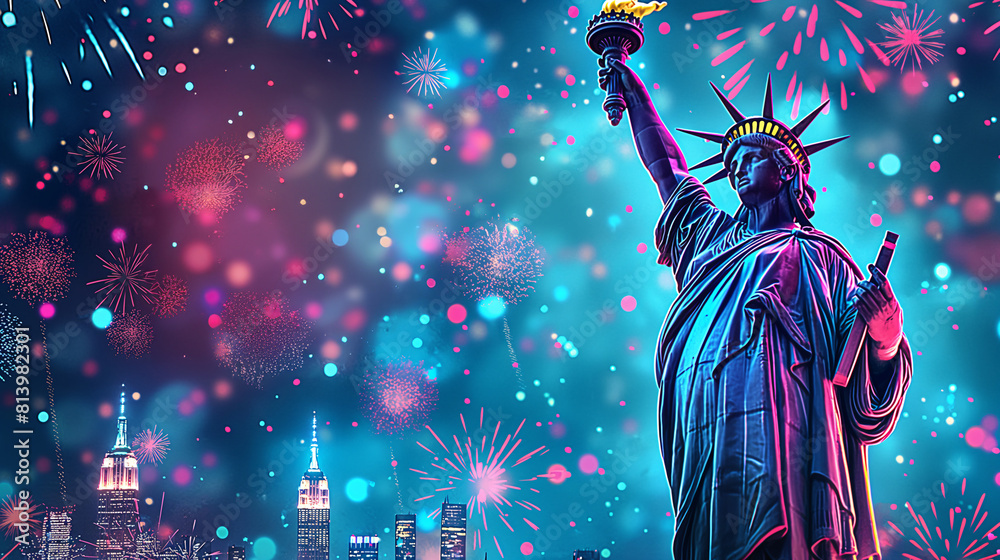 statue of liberty and the text "Happy Fourth Of July" in cursive, use ...