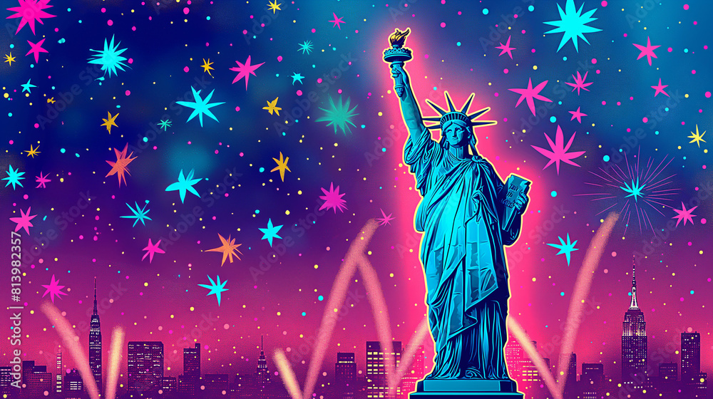 statue of liberty and the text "Happy Fourth Of July" in cursive, use ...