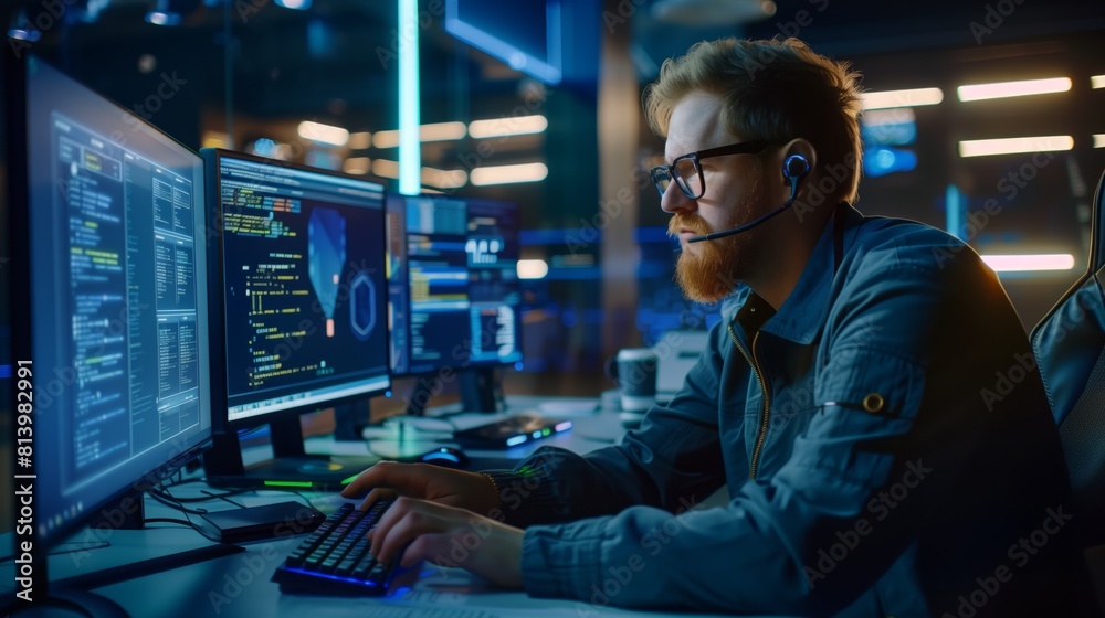 Focused male software developer working late at night in a modern, neon ...