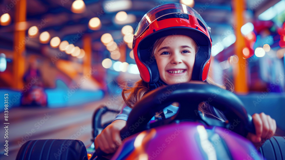 Happy young girl in a helmet driving a go-kart in an indoor karting ...