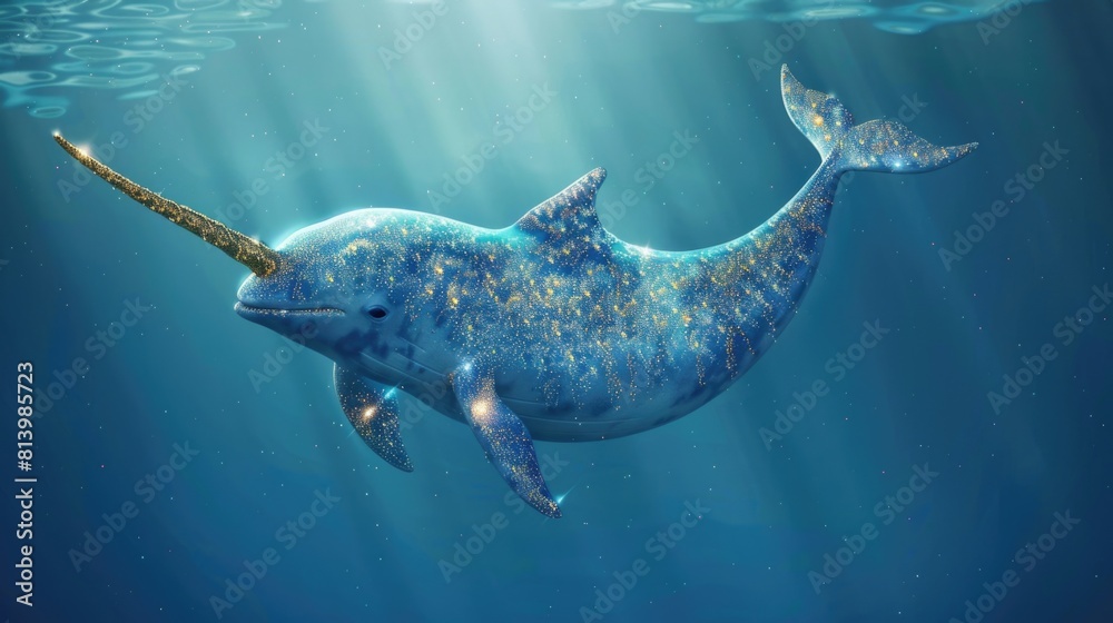 A majestic narwhal with a unique gold horn swimming gracefully in the ...