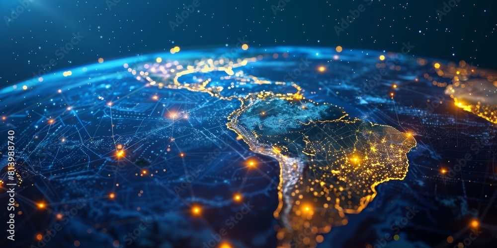 Digital map of South America with global network connections and ...