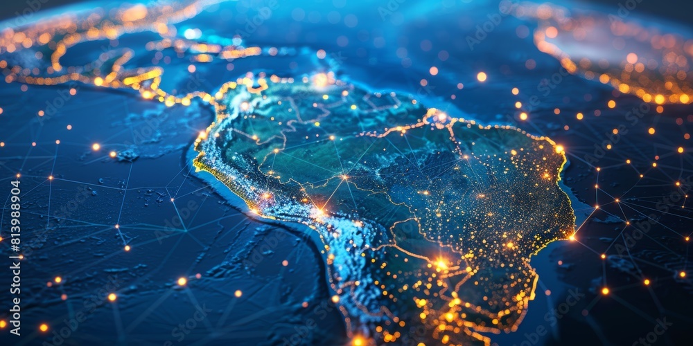 Digital map of South America with global network connections and ...