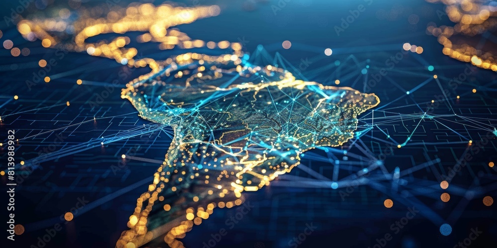 Digital map of South America with global network connections and ...