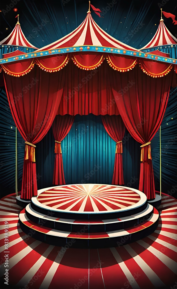 Circus stage podium background 3D carnival light red show curtain ...