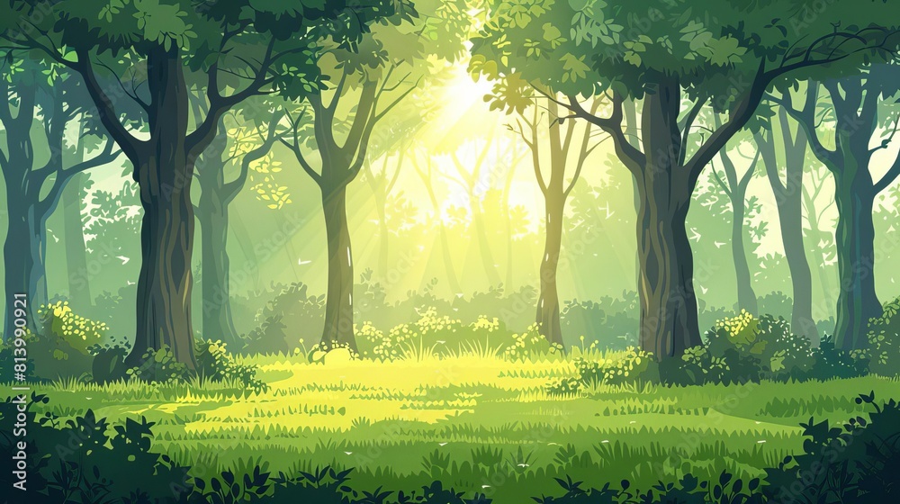 Peaceful forest clipart with tall trees and dappled sunlight Stock ...