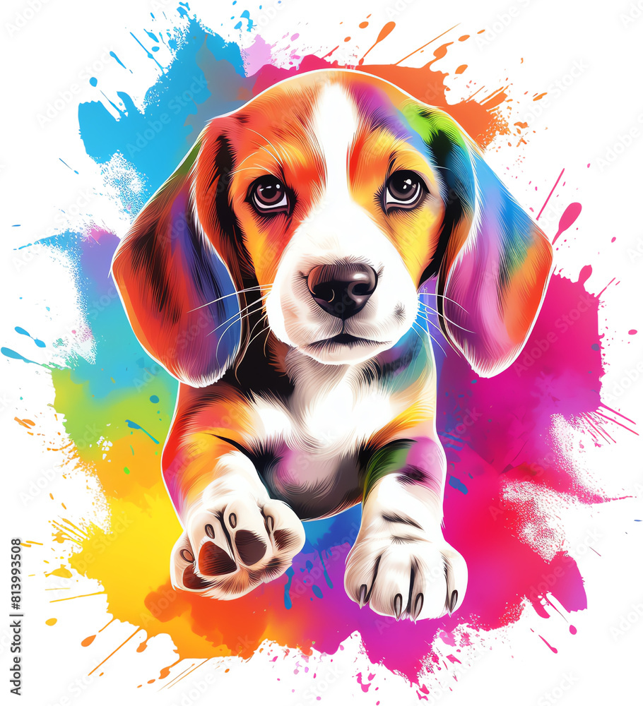 Beagle puppy with a rainbow paw print, clipart, single object, dicut ...