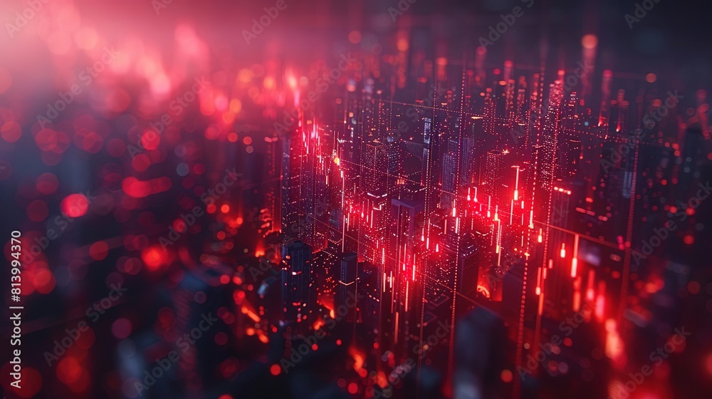 A glowing red city. The lights of the buildings are flickering and the ...