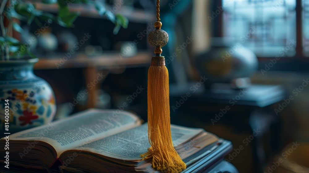 Golden summa cum laude tassel dangling casually from an open book ...
