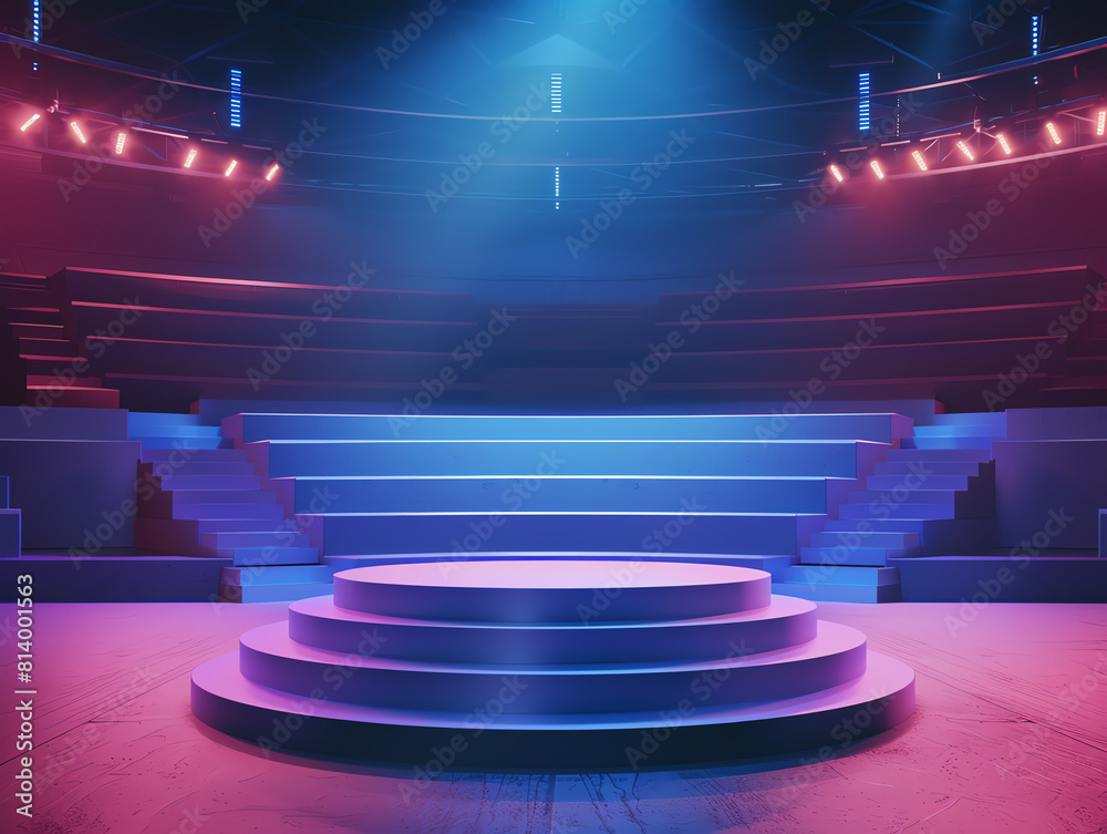 Showcase product podium in the center of a sports arena front view ...